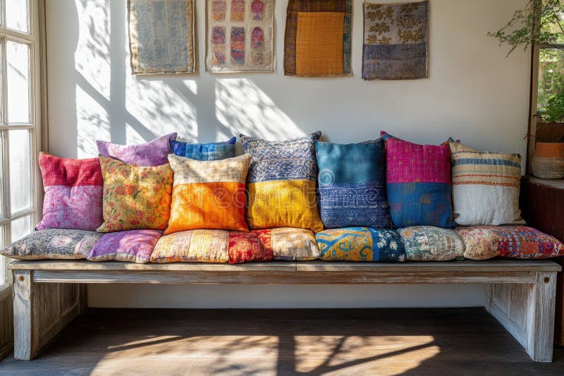 Patchwork Pillows Display, Patchwork Pillows on a Wooden Bench in a ...
