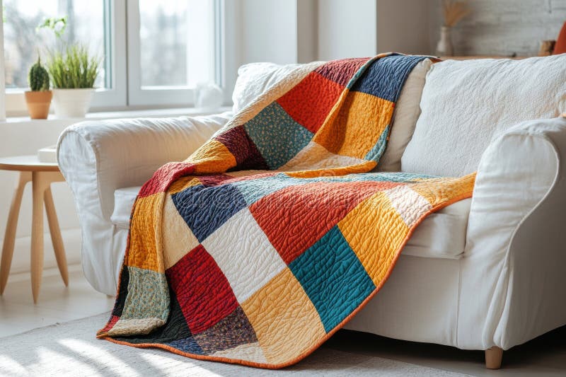 Home Decor Idea, a Patchwork Quilt Covering a White Couch in a Light ...
