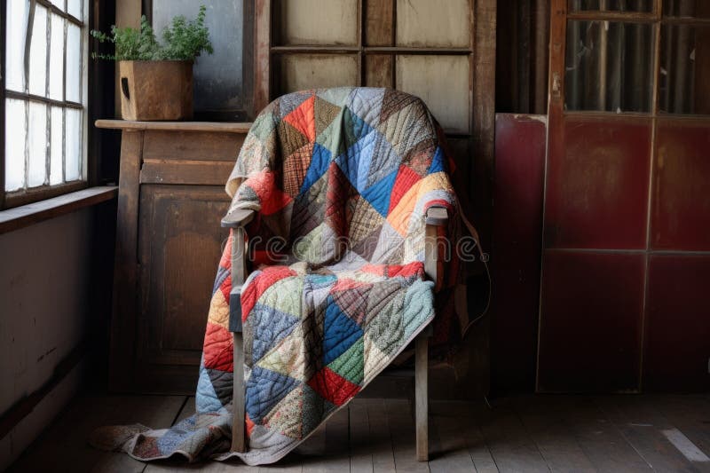 Patchwork Quilt Draped Over a Wooden Chair Stock Photo - Image of ...