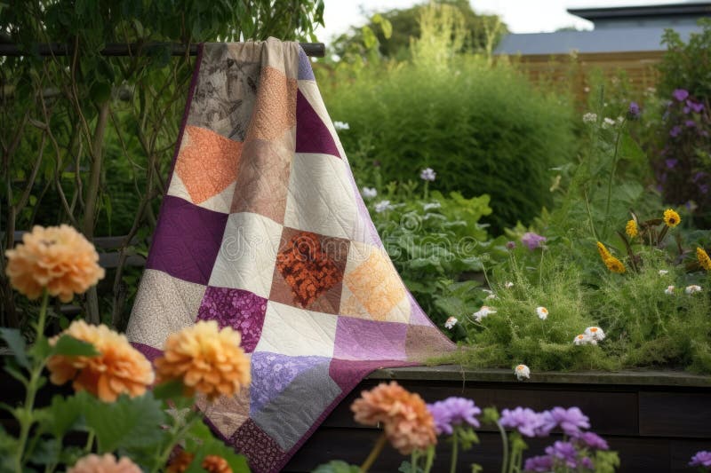 Patchwork Quilt in a Garden Setting with Flowers Stock Illustration ...