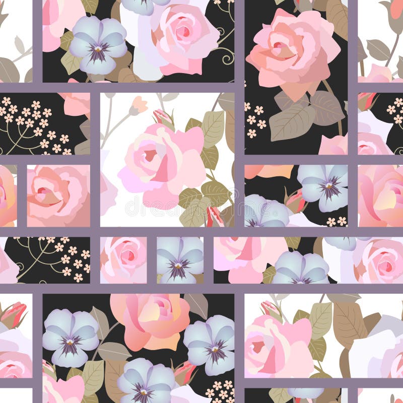 Patchwork Seamless Pattern with Beautiful Rose Flowers. Collage Stock ...
