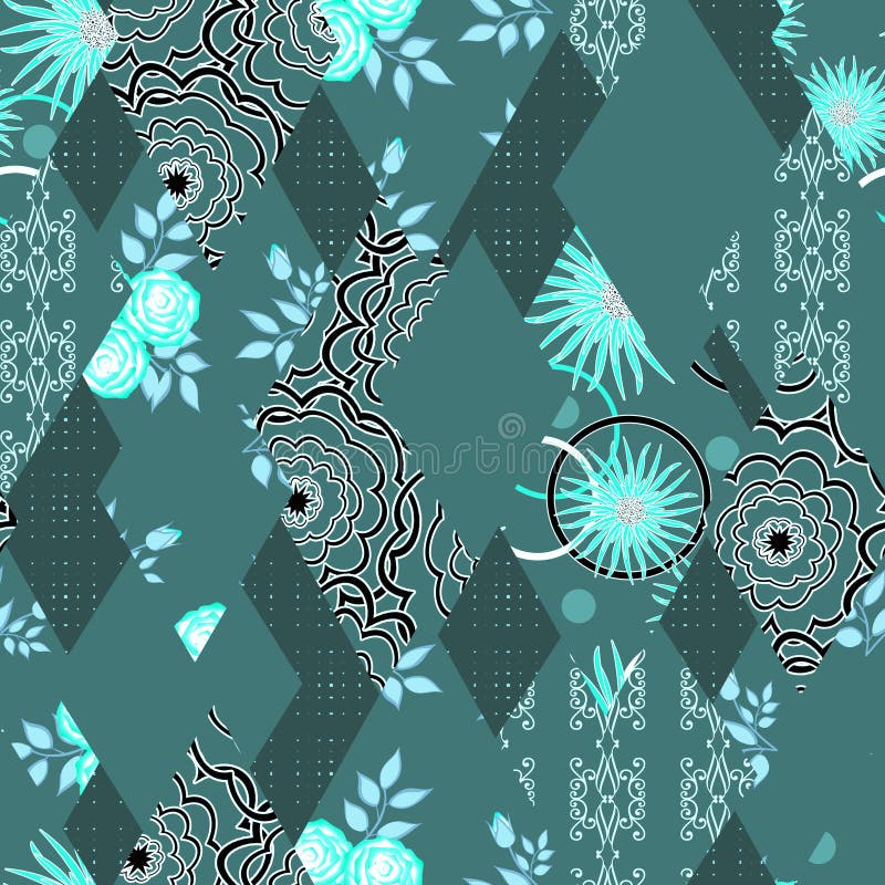 Patchwork Seamless Pattern Blue - Green Background. Stock Illustration ...