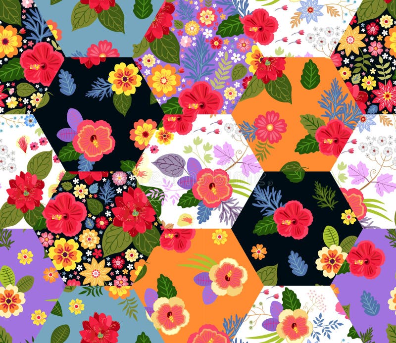 Patchwork Seamless Pattern with Bright Exotic Flowers. Colorful Design ...