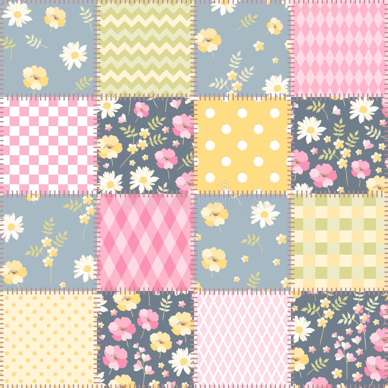 Patchwork from Patches with Doodle Flowers and Dots. Ethnic Boho Seamless Pattern Stock Vector ...