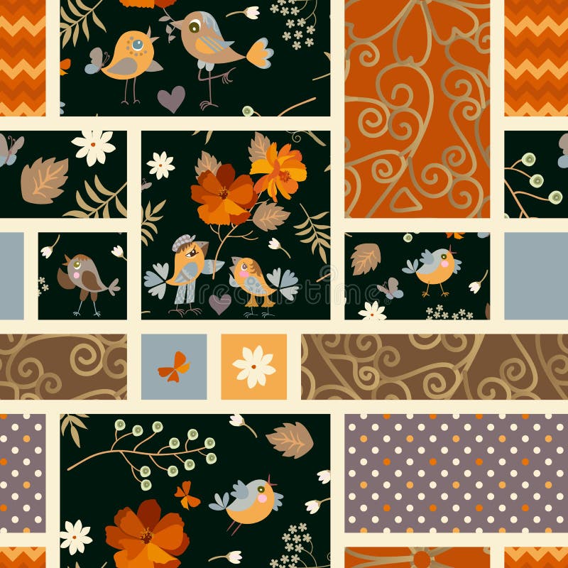 Patchwork Seamless Pattern with Cute Birds and Flowers. Print for ...