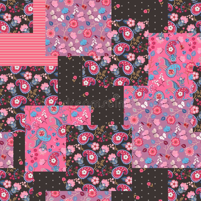 Patchwork Seamless Pattern with Paisley and Floral Ornaments. Quilting ...