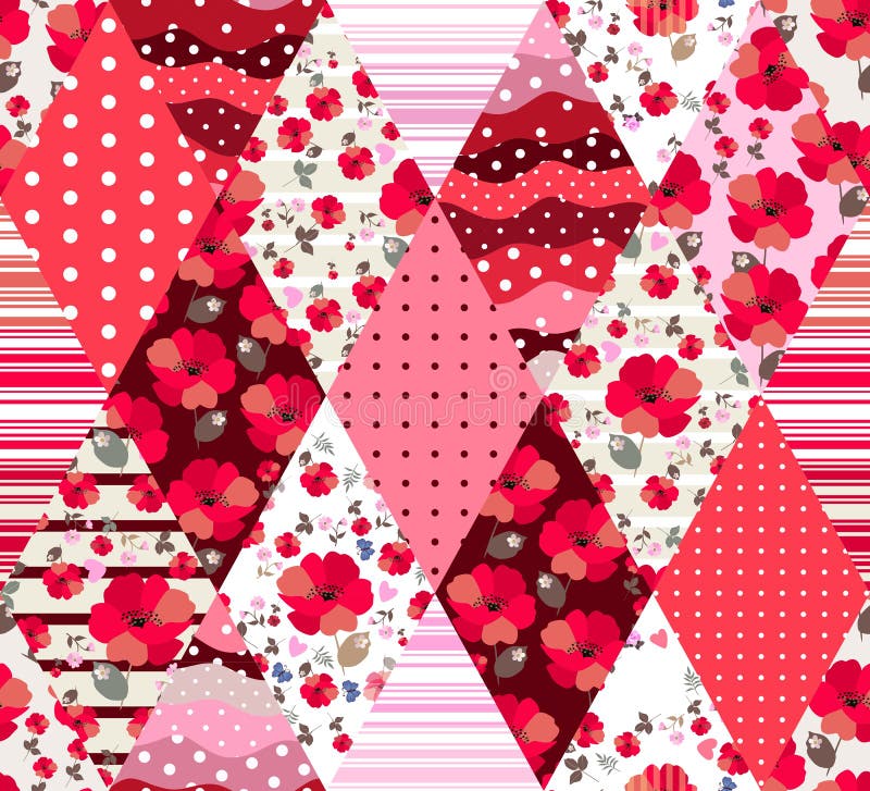Bright Seamless Patchwork Pattern in Red Colors. Patches with Floral ...