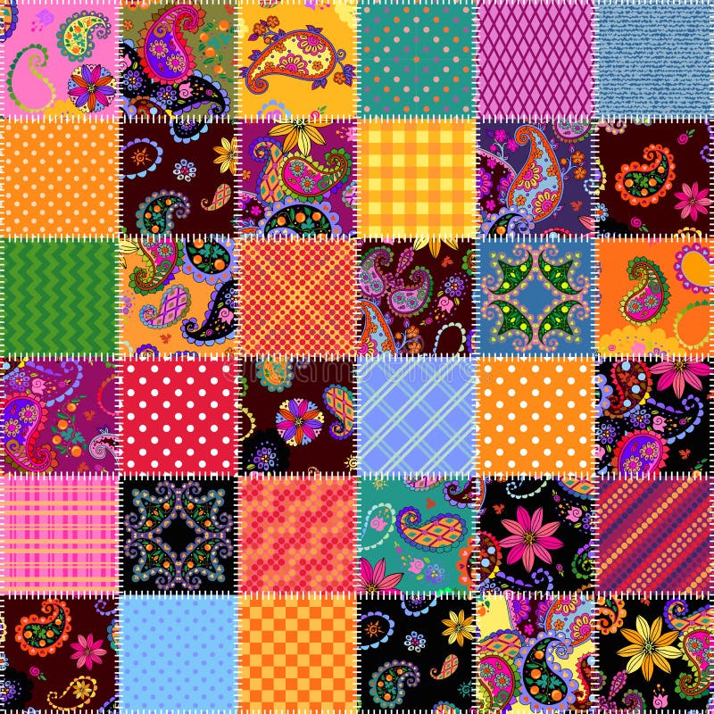 Patchwork Seamless Pattern from Square Patches with Paisley, Flowers ...