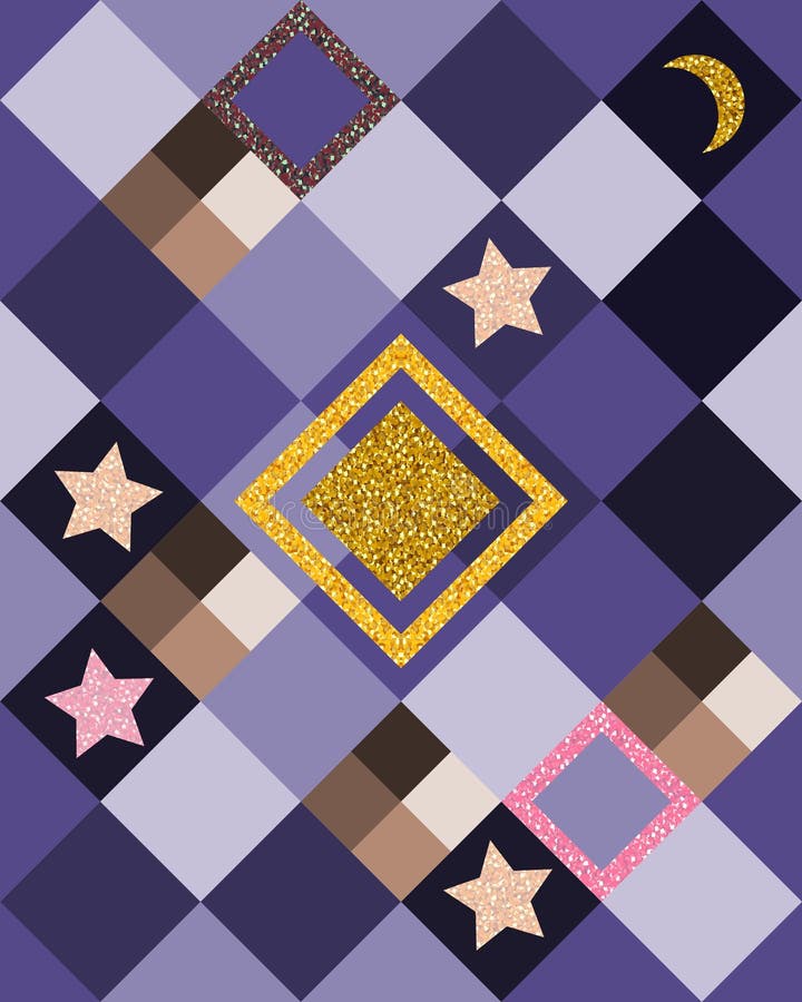 Patchwork Seamless Pattern with Stars and Half Moon on Violet ...
