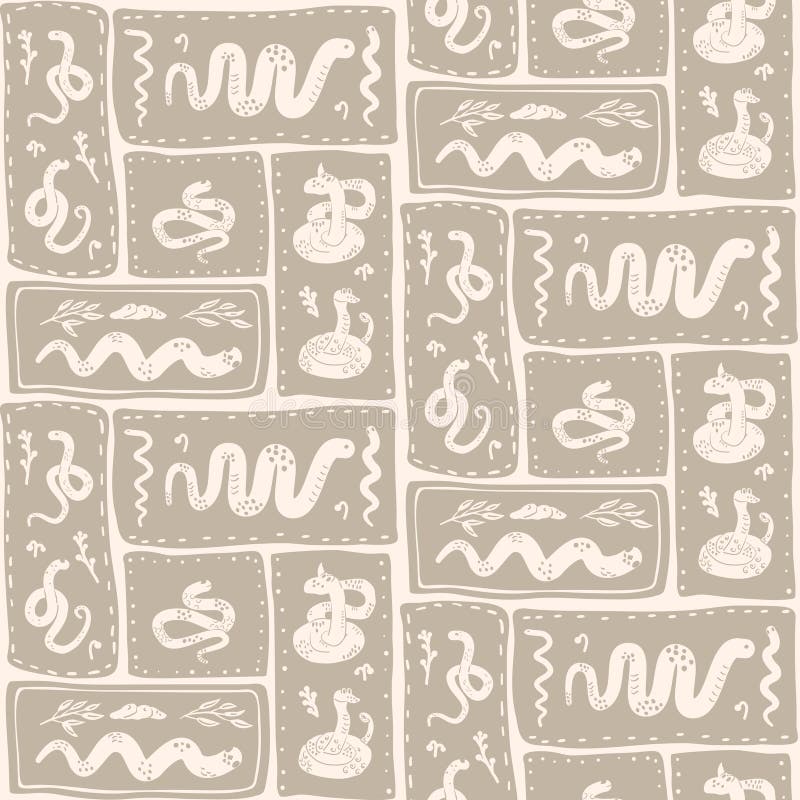 Patchwork Seamless Pattern with Various Snakes and Botanical Elements ...