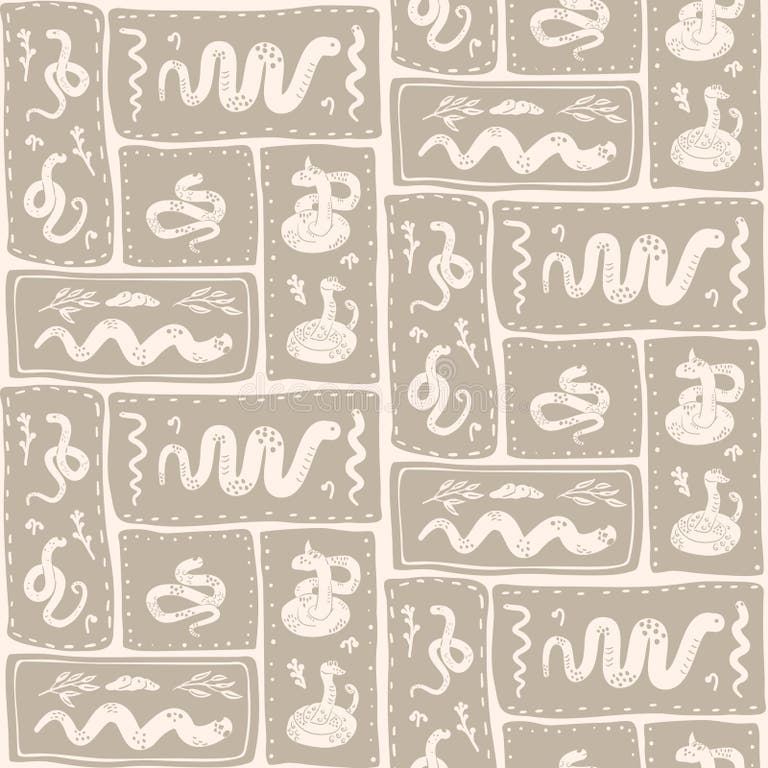 Patchwork Seamless Pattern with Various Snakes and Botanical Elements ...