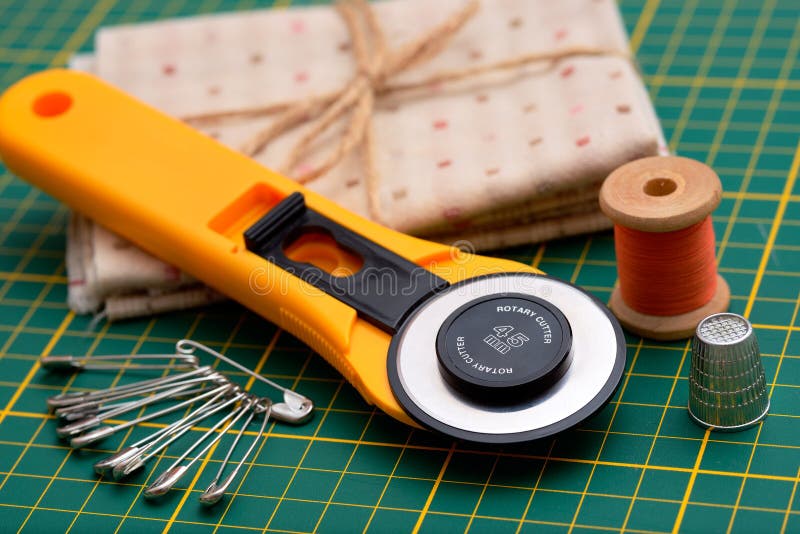 Patchwork Sewing Tools on Green Mat Stock Image - Image of handmade ...