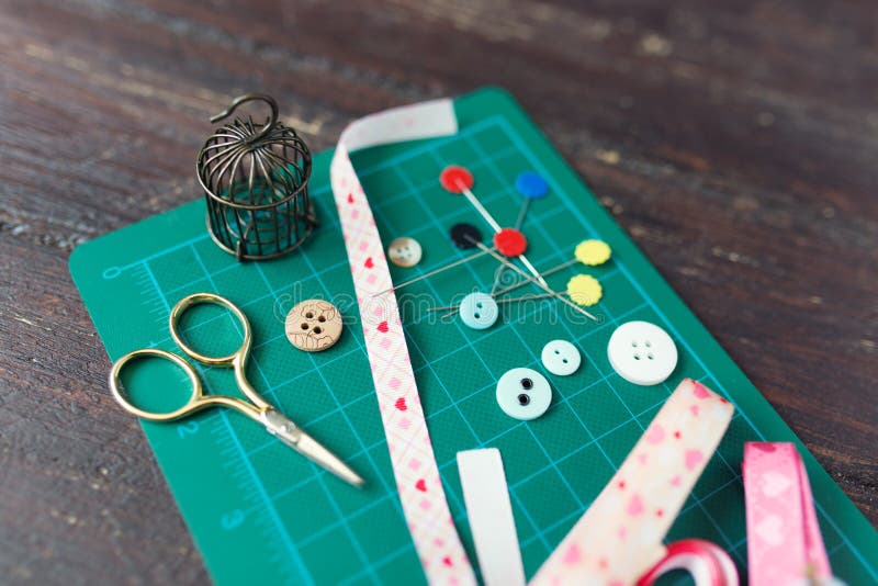 Patchwork Sewing Tools on Green Mat Stock Image - Image of handmade ...