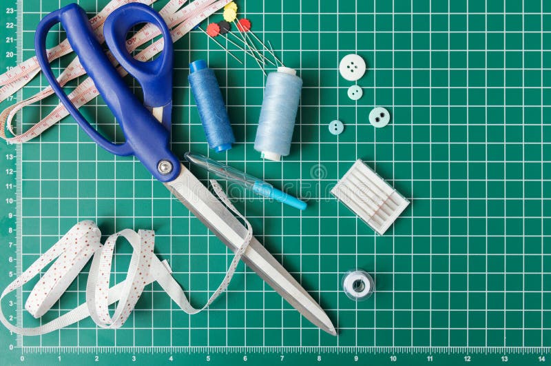 Patchwork Sewing Tools on Green Mat Stock Image - Image of handmade ...