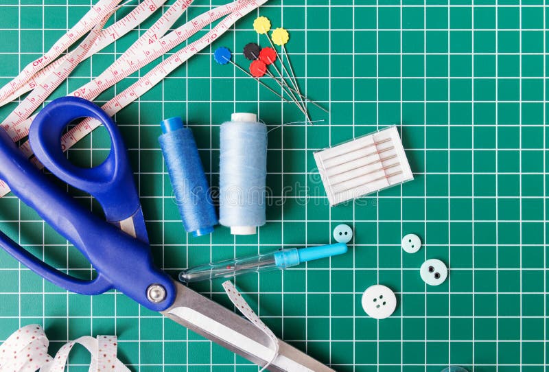 Patchwork Sewing Tools on Green Mat Stock Image - Image of handmade ...
