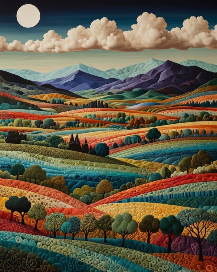 Valley, Mountains and Sky in Patchwork Style Stock Illustration ...