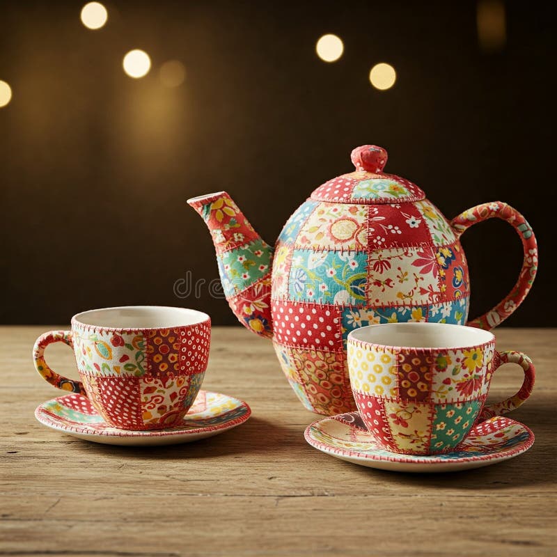 Patchwork Tea Set with Teapot and Two Cups Stock Illustration ...