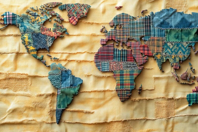 Patchwork Textile World Map Showcasing Vibrant Fabrics from Diverse ...