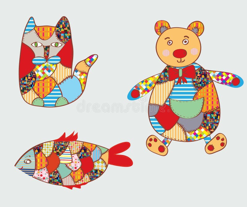 Patchwork Toys - Cat, Fish, Bear Stock Vector - Illustration of ...