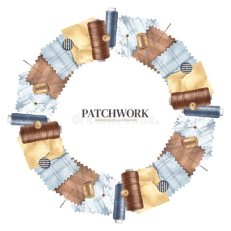 Patchwork. a Wreath Made from Pieces of Fabric, Sewing Thread, Needles for Needlework and ...