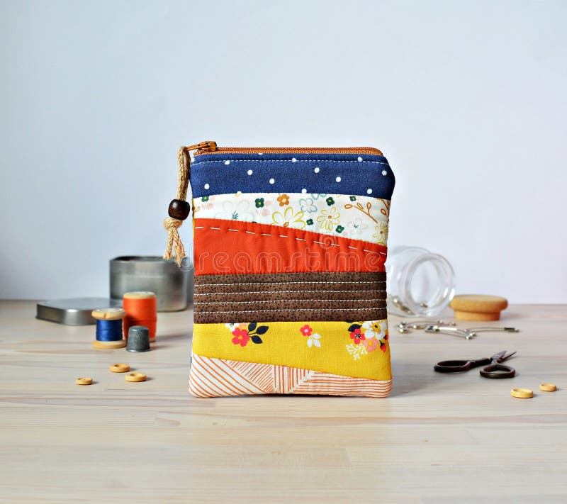 Patchwork Zipper Pouch with Hand Stitches, Vintage Thread, Scissors ...