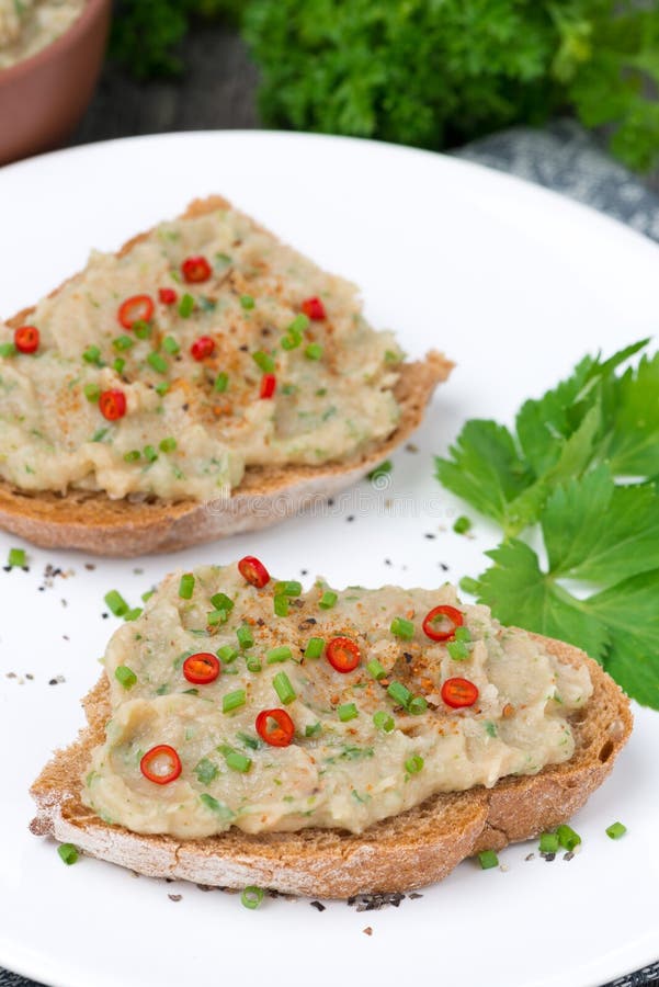 Pate of White Beans with Spices on Bread, Close-up Stock Photo - Image ...
