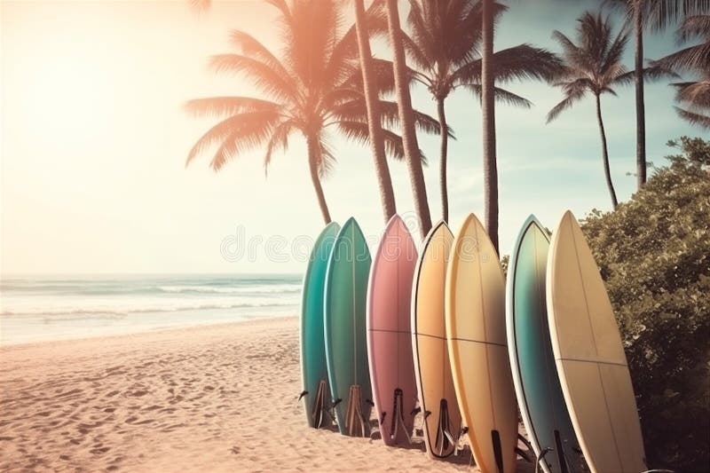 Patel Surfboards on Tropical Beach. Retro Colors Toned Image ...