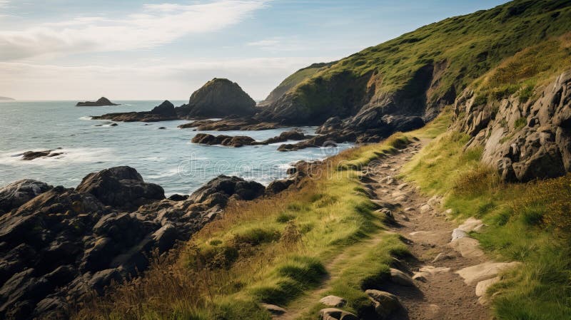 Path Along Rugged Coast Reveals Secluded Cove Stock Illustration ...