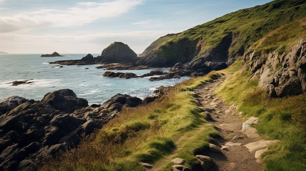 Path Along Rugged Coast Reveals Secluded Cove Stock Illustration ...