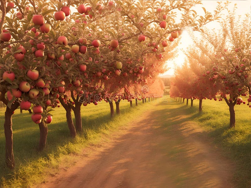 A Path between Apple Trees in a Sunny Day Stock Illustration ...