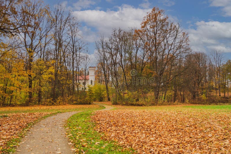 A Path with Autumn Leaves To the Castle Stock Image - Image of ...