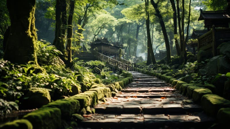 A Path through a Bamboo Forest. Generative AI. Stock Illustration ...