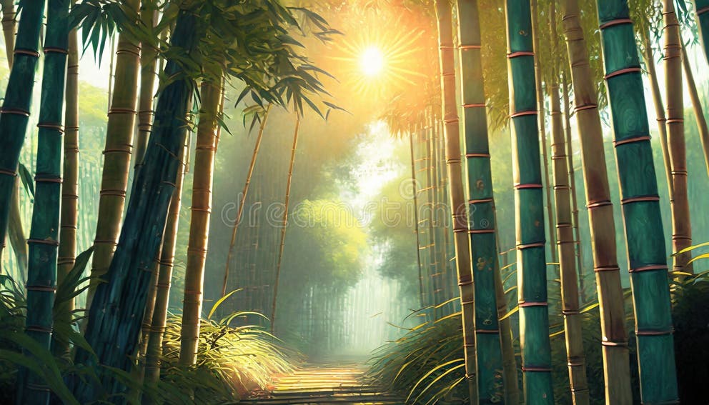 Path through Bamboo Forest at Sunset Stock Illustration - Illustration ...