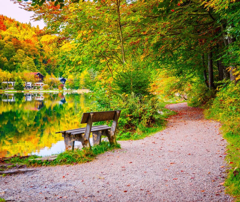 Path and a Bench Near a Lake with Reflections in Autumn Stock Image ...