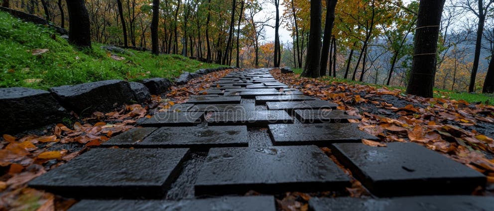 A Path of Black Bricks in a Forest. Stock Image - Image of light, wall ...