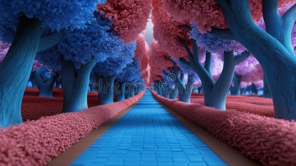 A Path of a Blue and Pink Pathway with Trees on Either Side, AI Stock ...