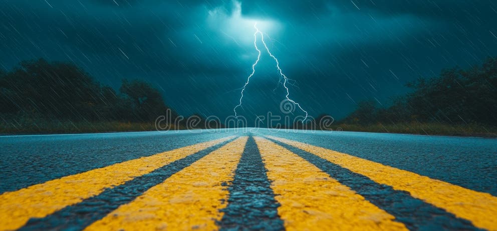 A Path Bordered by a Yellow Line Under an Ominous Sky. the Sky is Dark ...