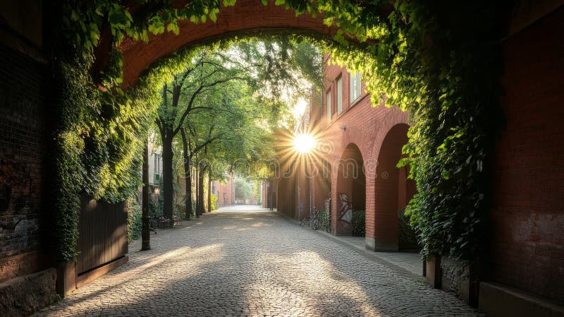 A Path of Bricks Bathed in Sunlight, Leading through an Archway with ...
