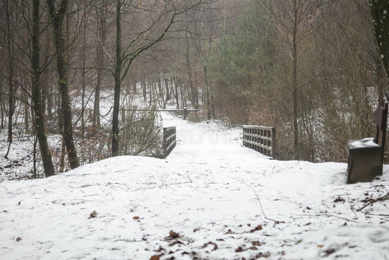 Bridge Covered Snow with Frozen River Stock Image - Image of world ...