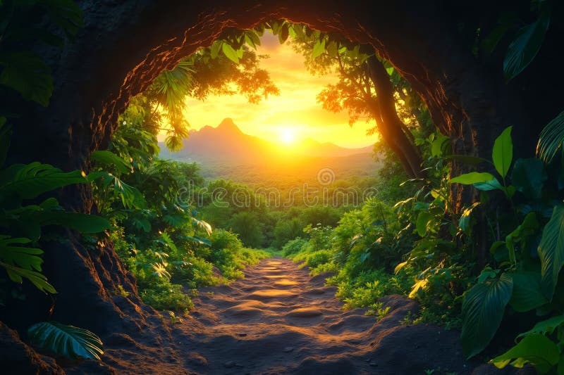 A Path through a Cave in the Middle of a Lush Green Forest Stock Photo ...