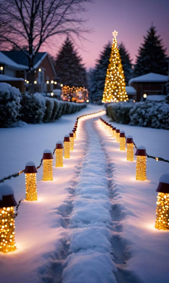 A Path with Christmas Lights and a Christmas Tree in the Background ...