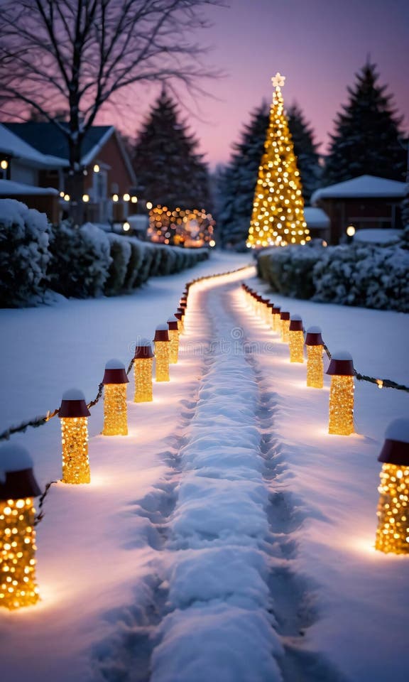 A Path with Christmas Lights and a Christmas Tree in the Background ...