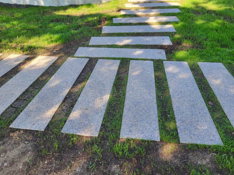 A Path of Concrete Rectangles is Laid Across the Spring Green Lawn. the ...
