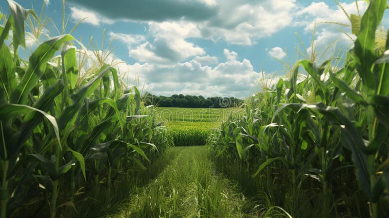 Path through Corn Field with Blue Cloudy Sky Stock Illustration ...