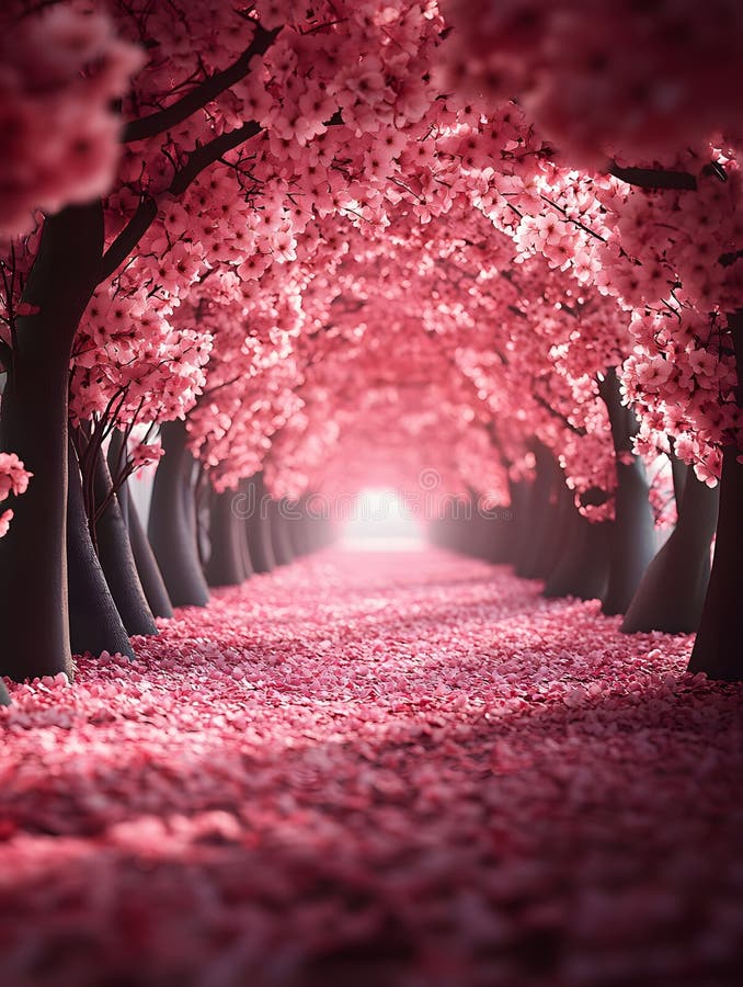 A Path Covered in Pink Petals Under a Canopy of Cherry Blossoms Leading ...