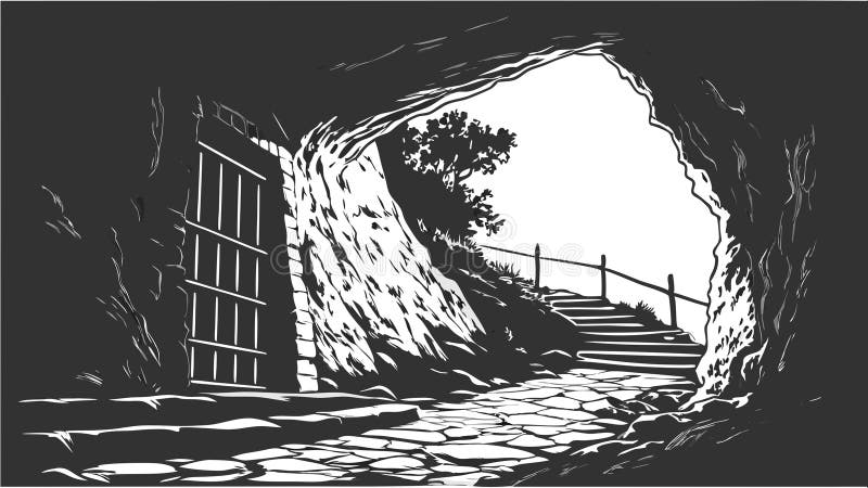 Path into Dark Cave Entrance. Mysterious Journey. Vector Design ...