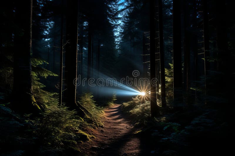 A Path in the Dark Forest with a Beam of Light Shining through the ...