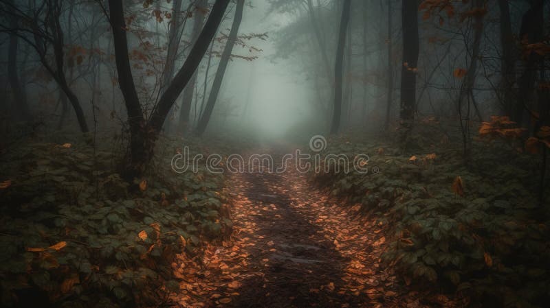 A Path in a Dark Forest with Leaves on the Ground and Fog on the Trees ...