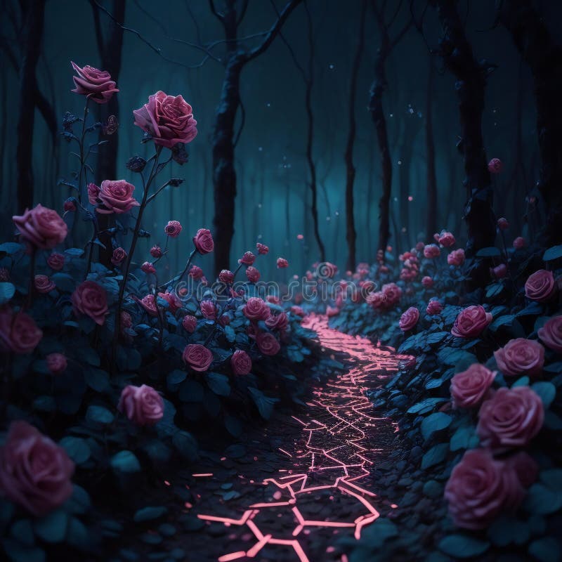 A Path in a Dark Forest with Pink Roses. Generative Ai Stock ...