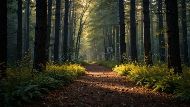 A Path through a Dense Forest, Flanked by Towering Trees on Either Side ...